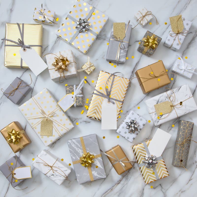 Many Gift Boxes with Labels Numbers Wrapped in Glossy Classical Pack ...