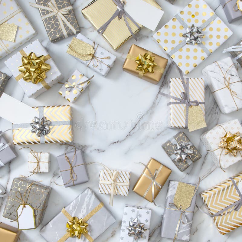 Many Gift Boxes with Labels Numbers Wrapped in Glossy Classical Pack ...