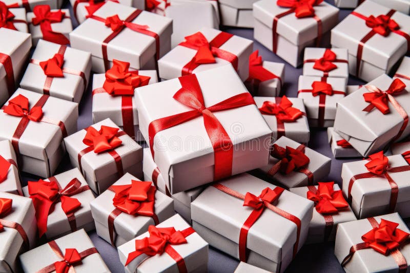 Many Gift Boxes with Red Bows are on the Floor. Created with Generative ...