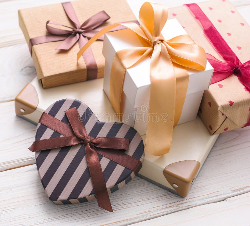 Gift Boxes on White Wooden Table Stock Image - Image of heart, surprise ...