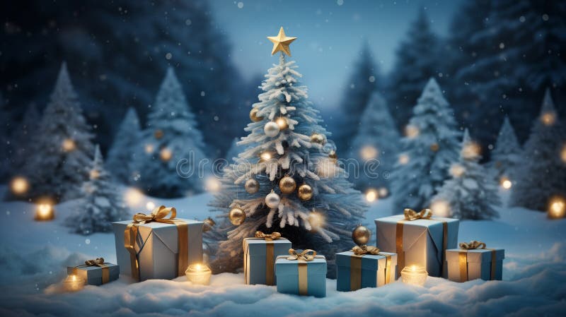 Many Giftboxes Surround Christmas Tree and Snow Field. Generative Ai ...