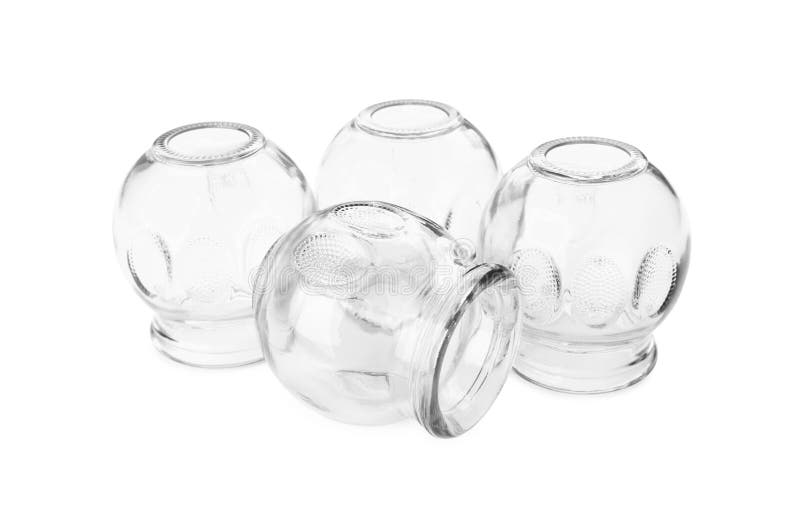Many Glass Cups Isolated on White. Cupping Therapy Stock Image - Image ...