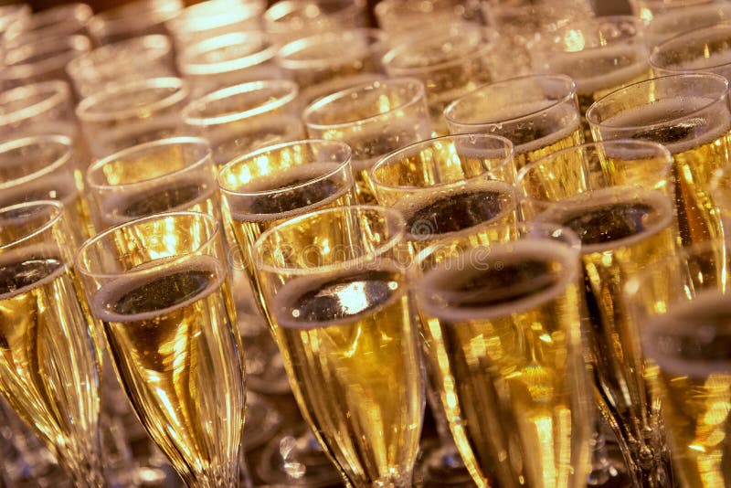 Many Glasses of Champagne are on the Table. Horizontal Frame Stock ...