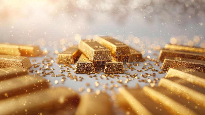 Many Gold Bars Falling on a White Background with Sparkling Effects ...