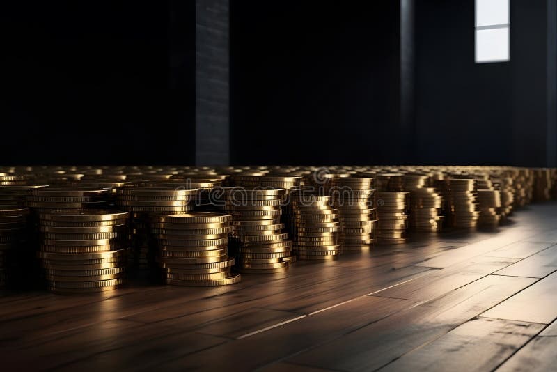 Many Gold Coins On A Wooden Background Neural Network Ai Generated Stock Illustration
