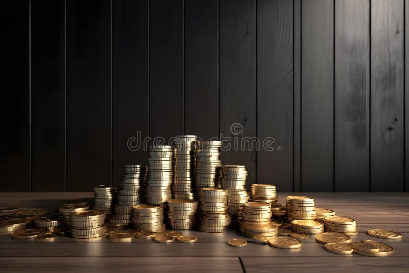 Many Gold Coins On A Wooden Background Neural Network Ai Generated Stock Illustration