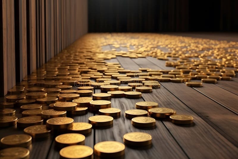 Many Gold Coins On A Wooden Background Neural Network Ai Generated Stock Illustration