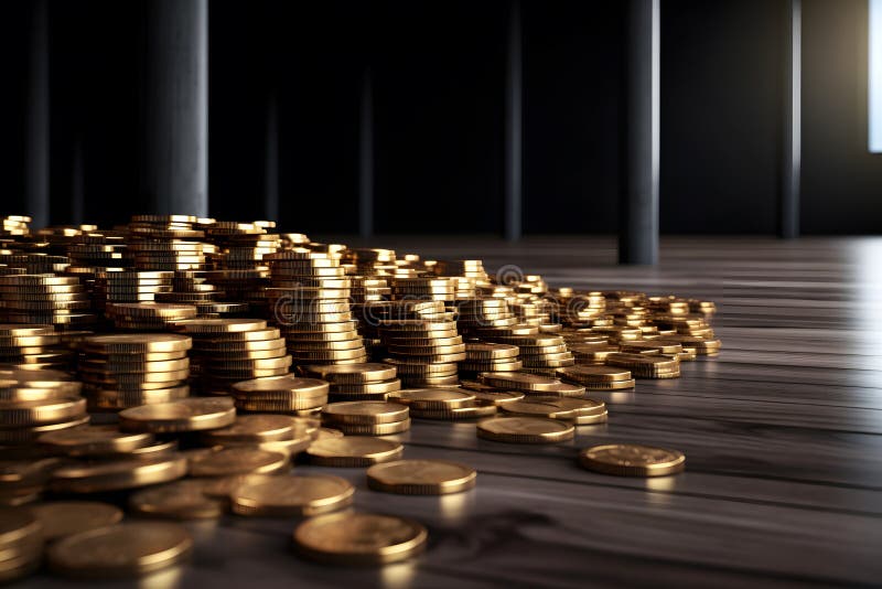 Many Gold Coins On A Wooden Background Neural Network Ai Generated Stock Illustration