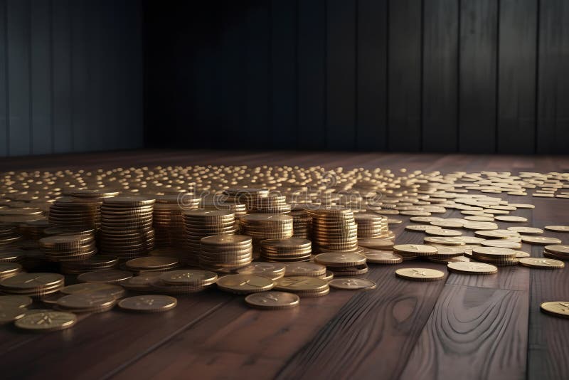 Many Gold Coins On A Wooden Background Neural Network Ai Generated Stock Illustration
