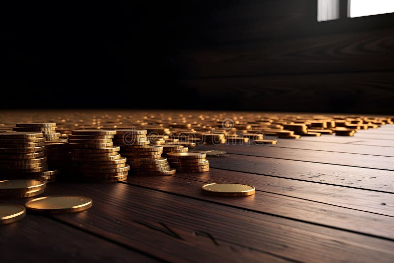 Many Gold Coins On A Wooden Background Neural Network Ai Generated Stock Illustration