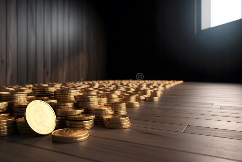 Many Gold Coins On A Wooden Background Neural Network Ai Generated Stock Illustration