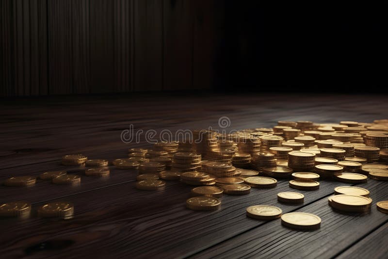 Many Gold Coins On A Wooden Background Neural Network Ai Generated Stock Illustration
