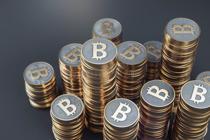 Many Golden Bitcoin Coins Stacks on Grey Background, Cryptocurrency and ...