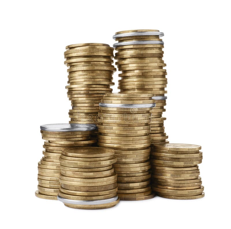Many Golden Coins Stacked on White Background Stock Image - Image of ...