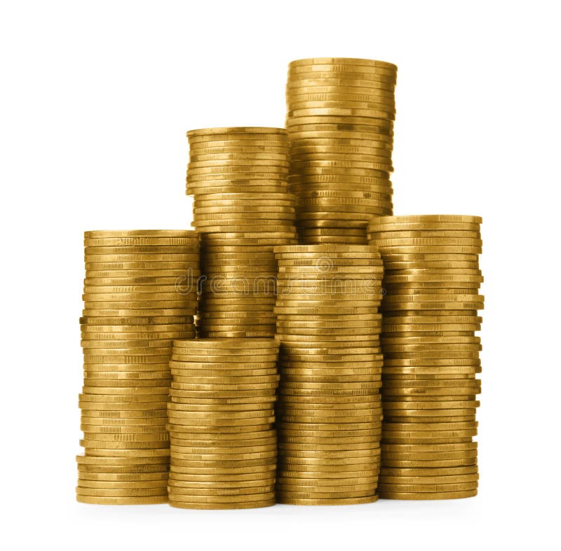 Many Golden Coins Stacked on White Background Stock Photo - Image of ...