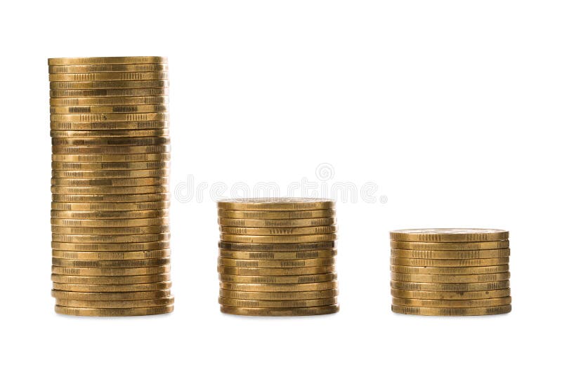 Many Golden Coins Stacked on White Background Stock Image - Image of ...