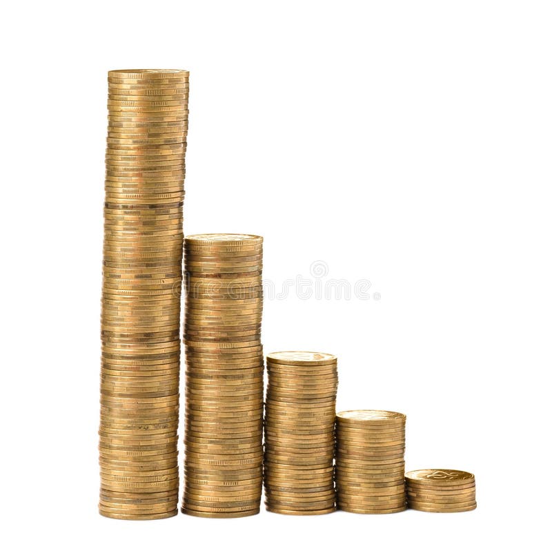 Many Golden Coins Stacked on White Background Stock Image - Image of ...