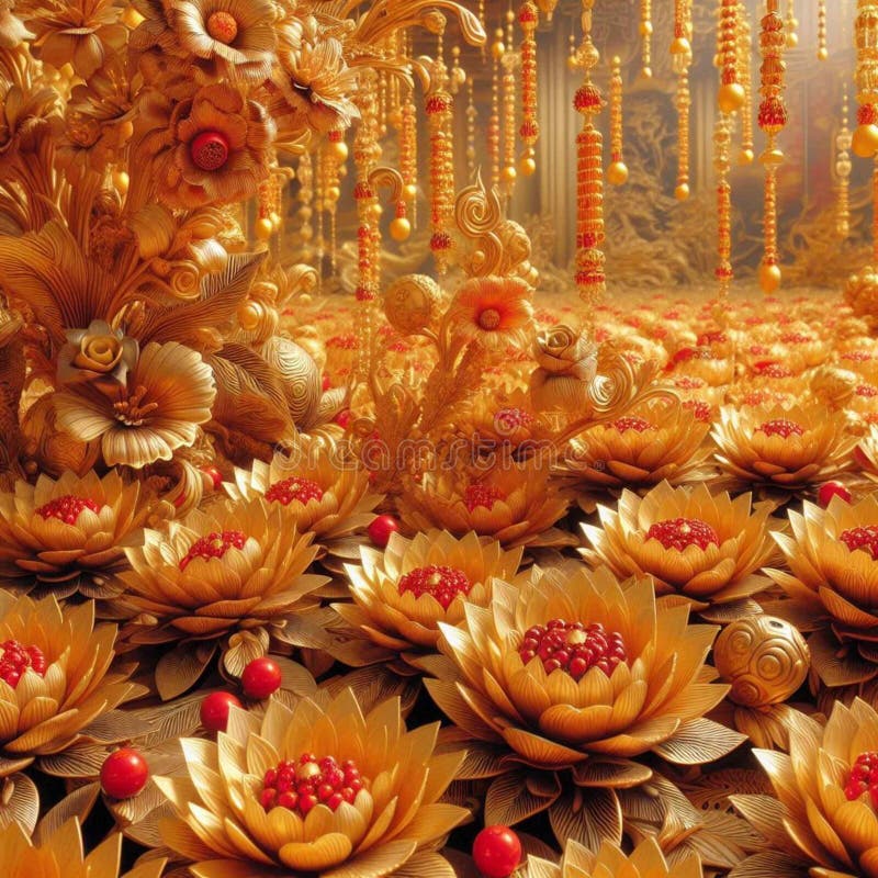 Many Golden Flower with Red Beads. Stock Illustration - Illustration of ...