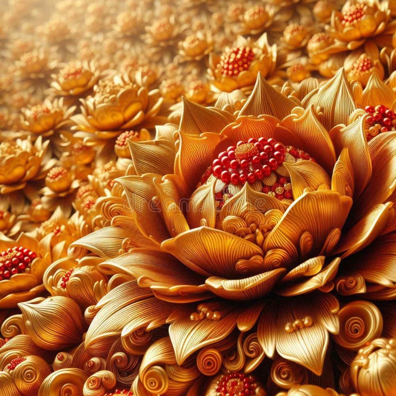Many Golden Flower with Red Beads. Stock Illustration - Illustration of ...