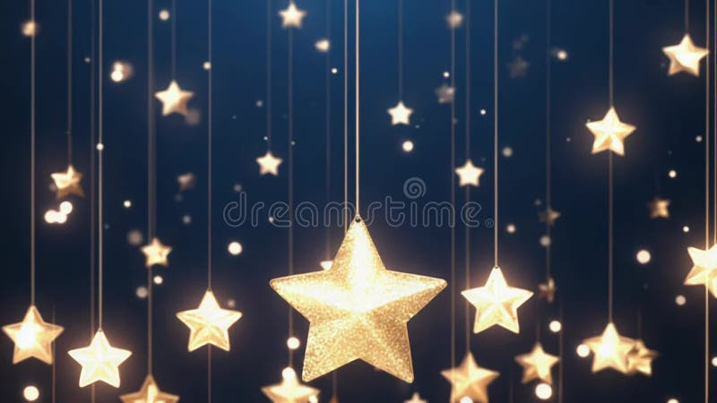 Golden Glitter Stars Hanging on Dark Blue Background Stock Footage ...