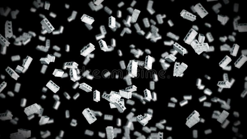 Flying Many Concrete Bricks on Black Background. Miniature Model ...