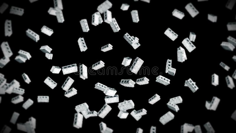 Flying Many Concrete Bricks on Black Background. Miniature Model ...