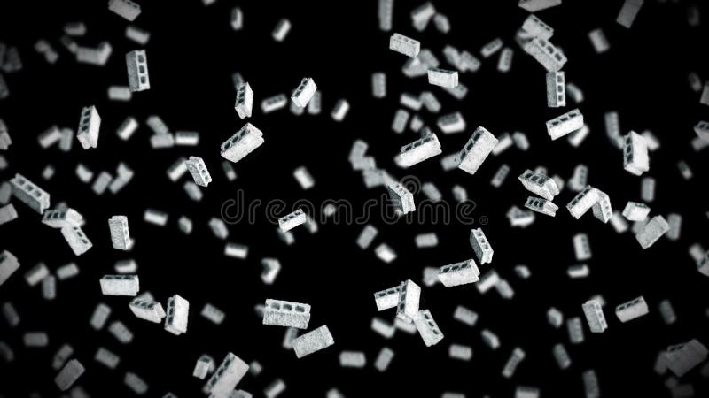 Flying Many Concrete Bricks on Black Background. Miniature Model ...