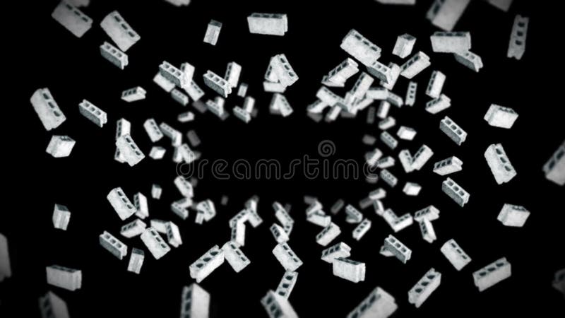 Flying Many Concrete Bricks on Black Background. Miniature Model ...
