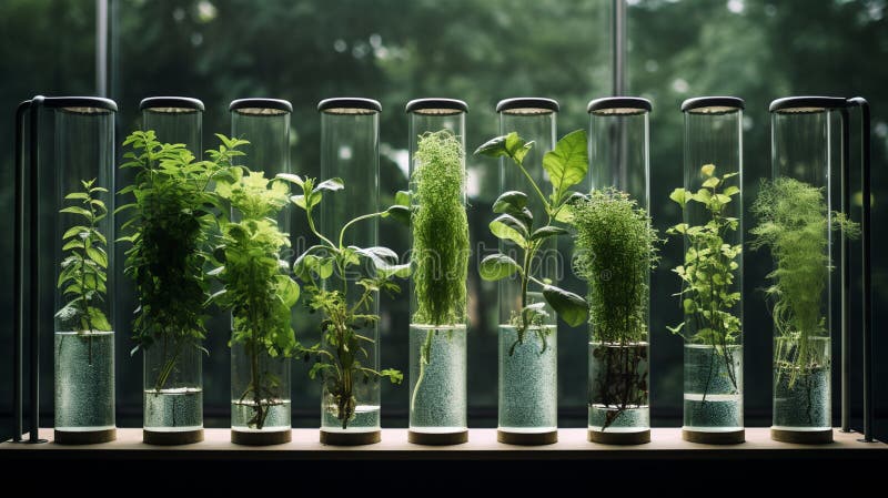 Many Green Plants Growing in Test Tubes with Water. in-depth Study ...