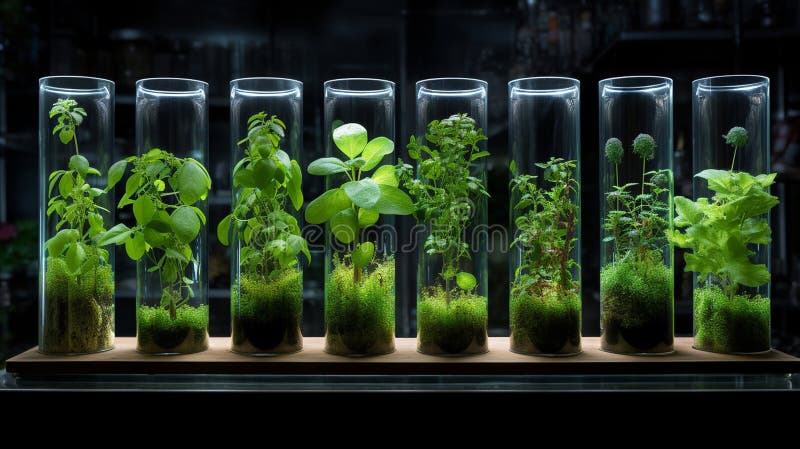 Many Green Plants Growing in Test Tubes with Water. in-depth Study ...