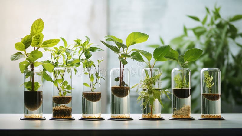 Many Green Plants Growing in Test Tubes with Water. in-depth Study ...