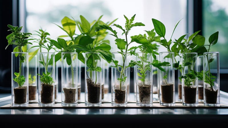 Many Green Plants Growing in Test Tubes with Water. in-depth Study ...