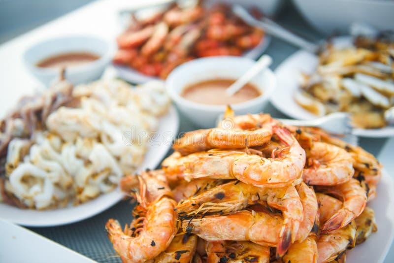 Many Grilled Seafood Served Buffet Style in the Restaurant Stock Image ...
