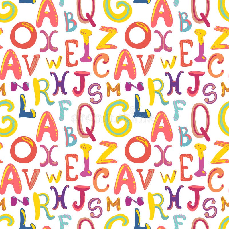 Many Hand-drawn Cute Funky Letters on White, Seamless Pattern Stock ...