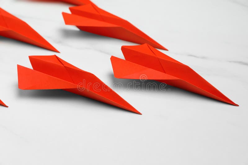 Many Handmade Paper Planes on White Marble Table, Closeup Stock Photo ...
