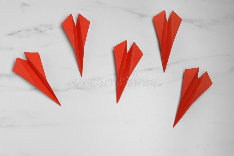 Many Handmade Paper Planes on White Marble Table, Flat Lay Stock Image ...