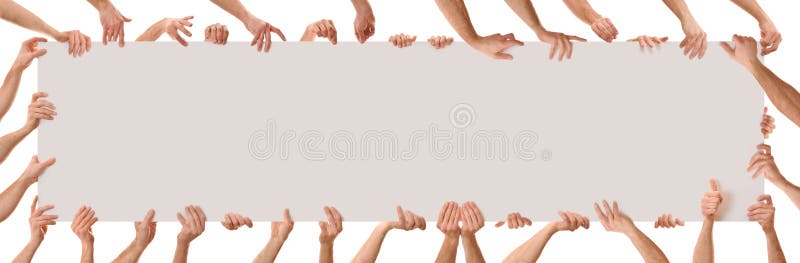 Many Hands in Different Positions Holding a Poster Stock Image - Image ...