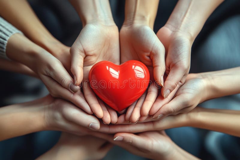 A Group of Diverse Hands Holding a Bright Red Heart in Unity and ...