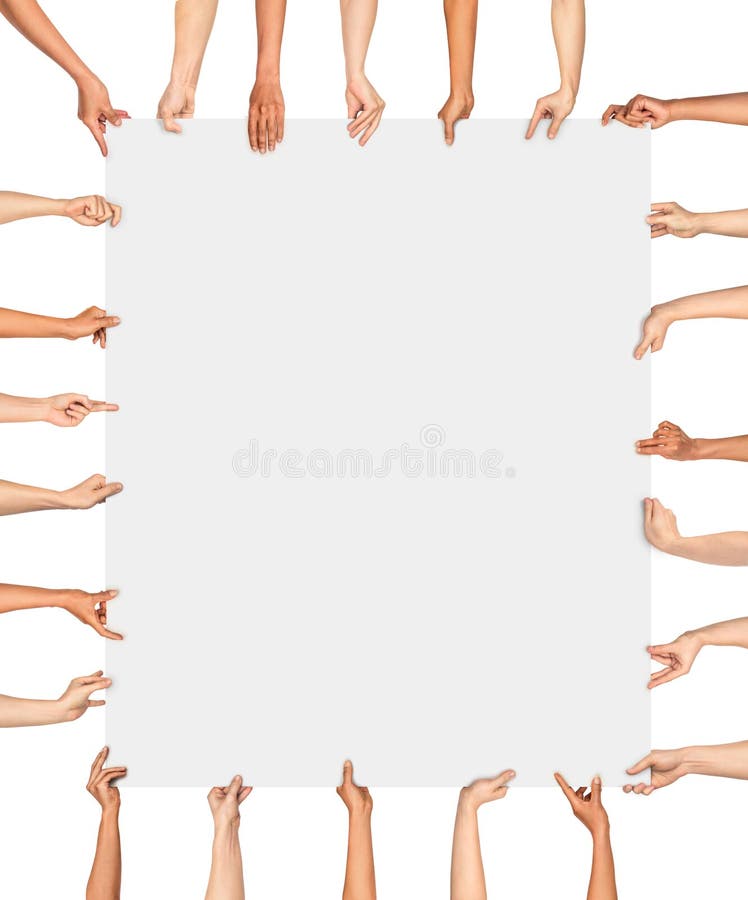 Many Hands Holding a Blank Poster for Advertising Stock Illustration ...