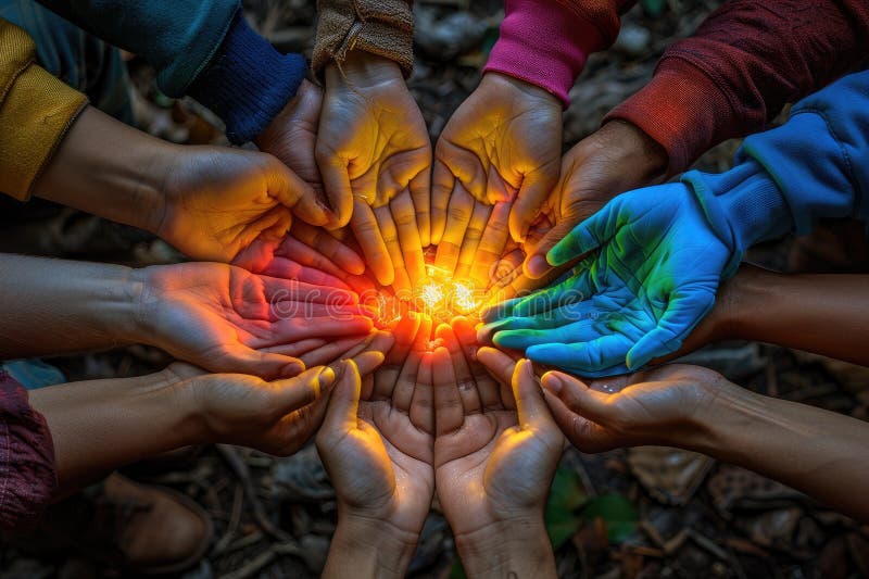 Many Hands Holding Glowing Light, Symbol of Unity and Hope Stock ...