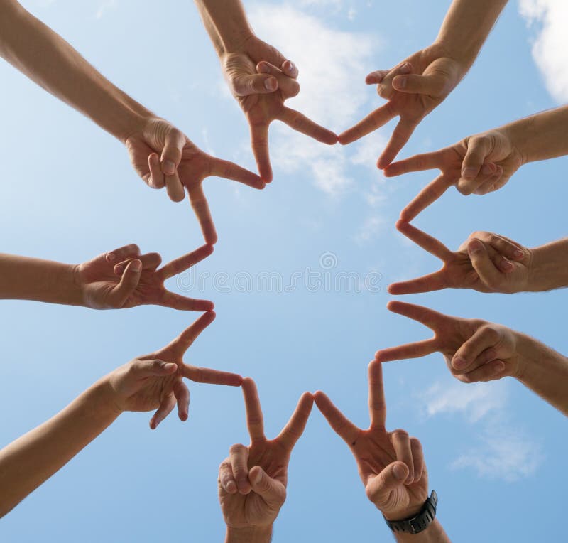 Many Hands Making Peace Signs Under the Sky Stock Photo - Image of ...