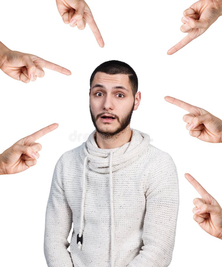 Many Hands Point on Surprised Man Stock Image - Image of attractive ...