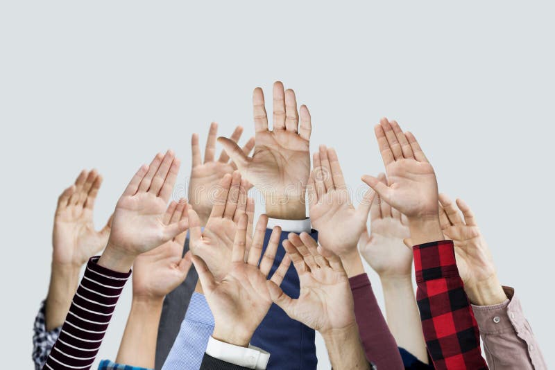 People Raise Their Hands Up Over Green Background Stock Image - Image ...