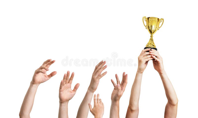 Many Hands Raised Up. Winner is Holding Trophy in Hands Stock Image ...