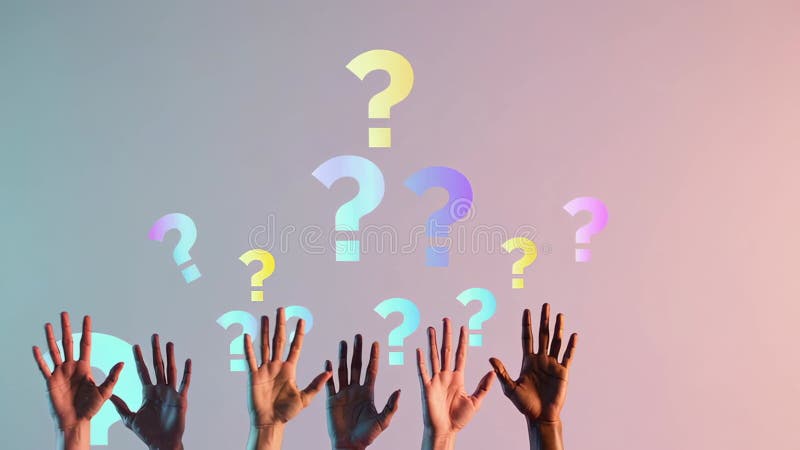 Many Hands Raising with Question Marks on Gradient Background Stock ...