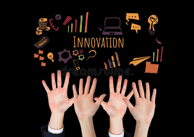 Many Hands Reaching with Innovation Text with Drawings Graphics Stock ...