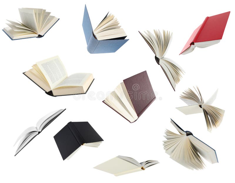 Many Hardcover Books Flying on White Background Stock Photo - Image of ...
