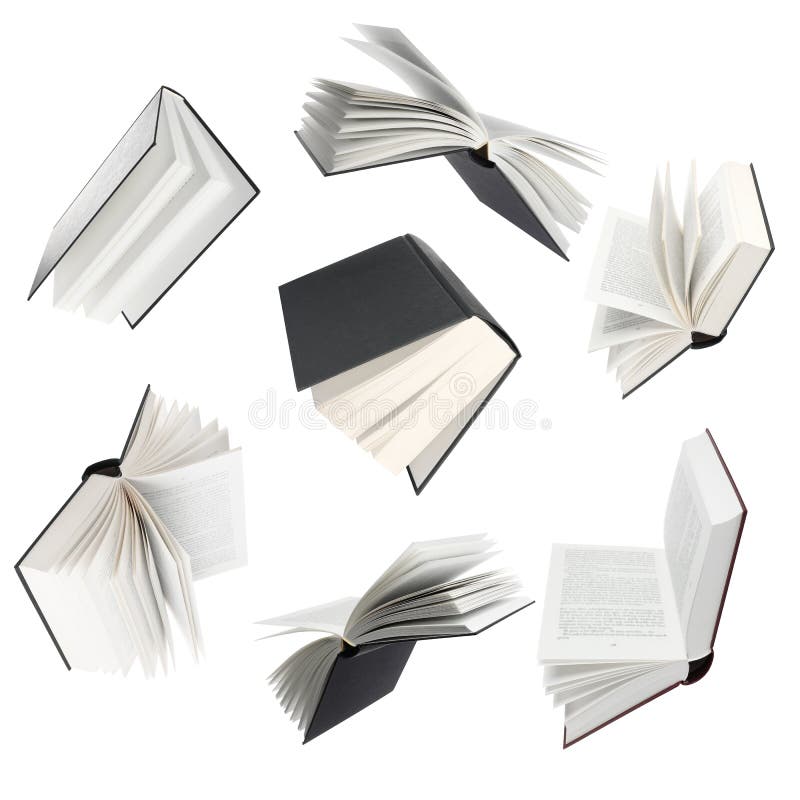 Many Hardcover Books Falling on White Background Stock Image - Image of ...