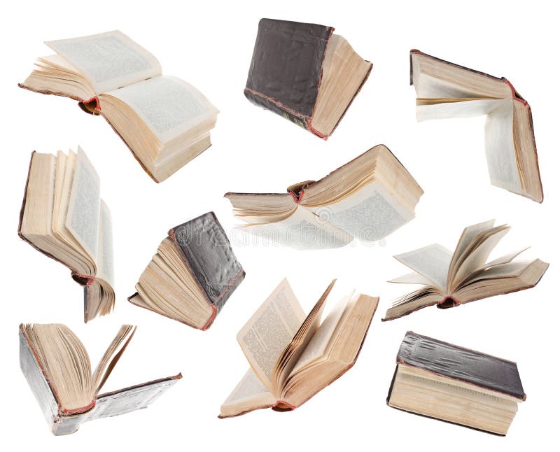 Many Hardcover Books Falling on White Background Stock Photo - Image of ...