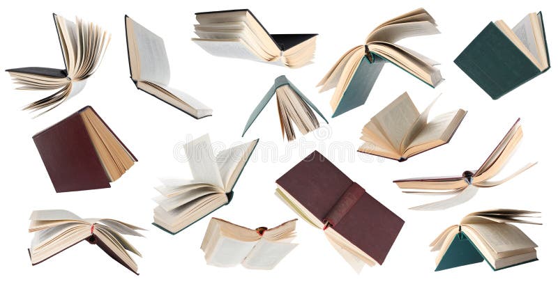 Many Hardcover Books Falling on White Background Stock Image - Image of ...